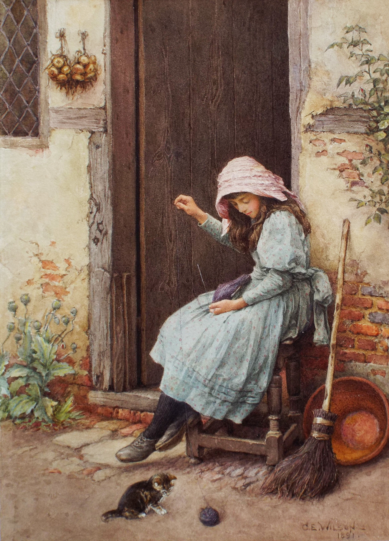 Girl & Kitten at a Cottage Doorway – Baron Fine Art