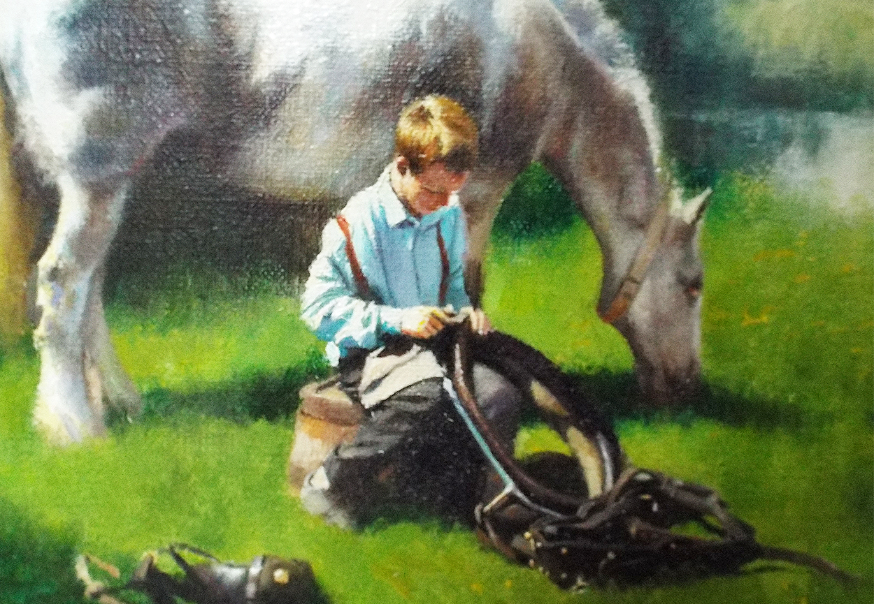 Young Rider Cleaning His Tack By The River – Baron Fine Art